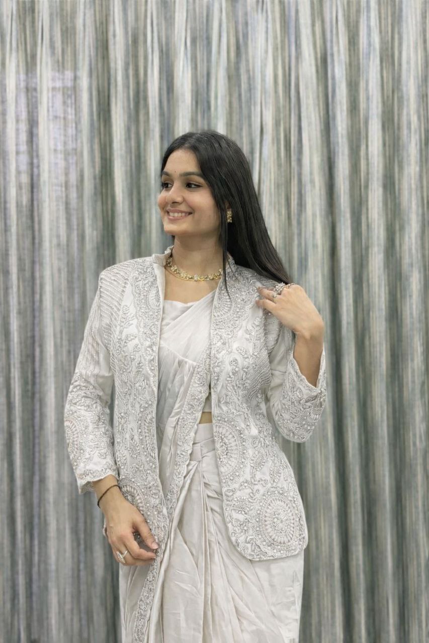 Ready-to-Wear Rangoli Saree with Embroidered Full Koti Jacket – STYLADY